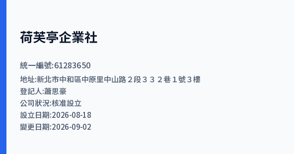 荷芙亭企業社的照片-統編 61283650(新北市) 公司登記資料與營業項目詳細圖表