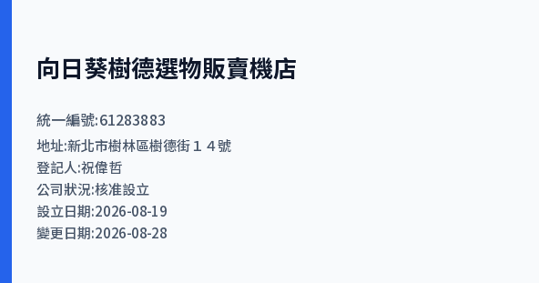 向日葵樹德選物販賣機店的照片-統編 61283883(新北市) 公司登記資料與營業項目詳細圖表