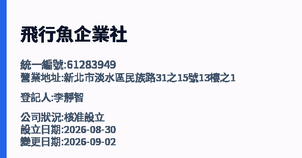 飛行魚企業社的照片-統編 61283949(新北市) 公司登記資料與營業項目詳細圖表
