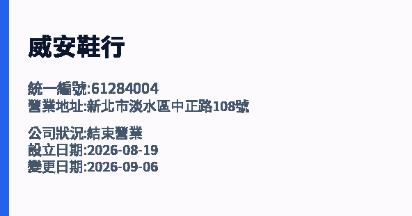 威安鞋行的照片-統編 61284004(新北市) 公司登記資料與營業項目詳細圖表