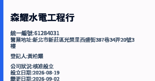 森耀水電工程行的照片-統編 61284031(新北市) 公司登記資料與營業項目詳細圖表