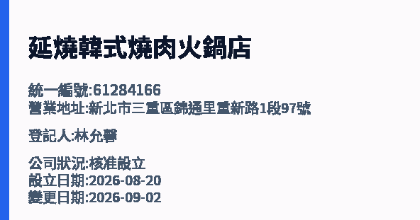 延燒韓式燒肉火鍋店的照片-統編 61284166(新北市) 公司登記資料與營業項目詳細圖表