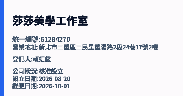 莎莎美學工作室的照片-統編 61284270(新北市) 公司登記資料與營業項目詳細圖表