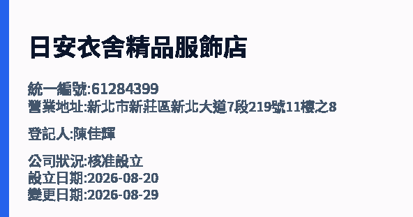 日安衣舍精品服飾店的照片-統編 61284399(新北市) 公司登記資料與營業項目詳細圖表