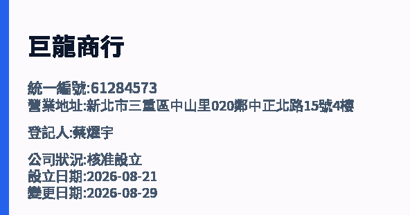 巨龍商行的照片-統編 61284573(新北市) 公司登記資料與營業項目詳細圖表