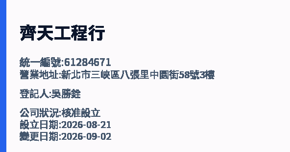 齊天工程行的照片-統編 61284671(新北市) 公司登記資料與營業項目詳細圖表