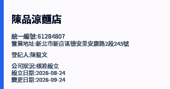 陳品涼麵店的照片-統編 61284807 公司登記資料與營業項目詳細圖表