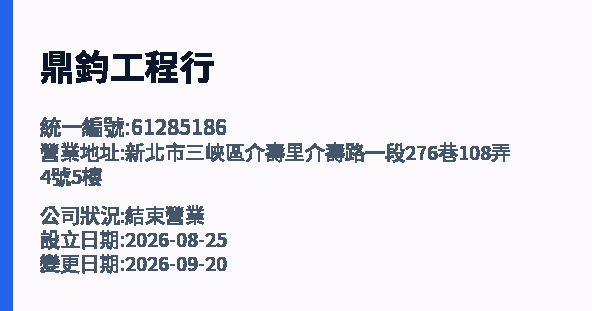 鼎鈞工程行的照片-統編 61285186(新北市) 公司登記資料與營業項目詳細圖表