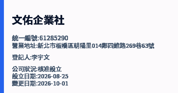 文佑企業社的照片-統編 61285290(新北市) 公司登記資料與營業項目詳細圖表