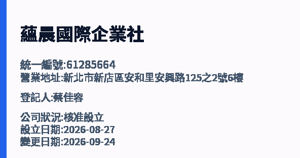 蘊晨國際企業社的照片-統編 61285664(新北市) 公司登記資料與營業項目詳細圖表