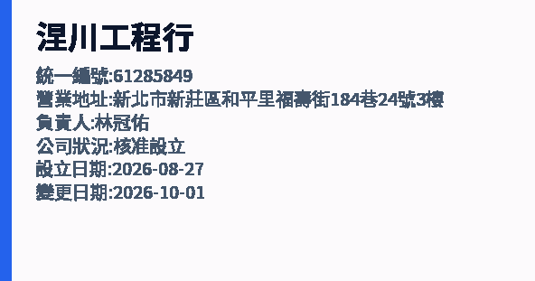涅川工程行的照片-統編 61285849(新北市) 公司登記資料與營業項目詳細圖表