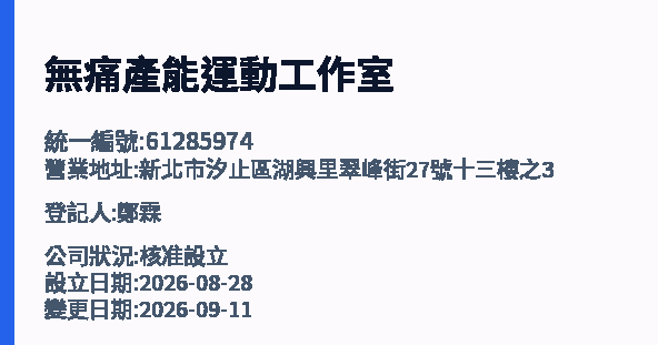 無痛產能運動工作室的照片-統編 61285974(新北市) 公司登記資料與營業項目詳細圖表