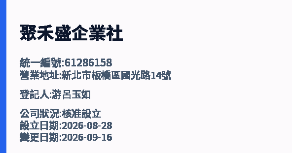 聚禾盛企業社的照片-統編 61286158(新北市) 公司登記資料與營業項目詳細圖表