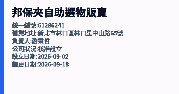 邦保夾自助選物販賣的照片-統編 61286241(新北市) 公司登記資料與營業項目詳細圖表