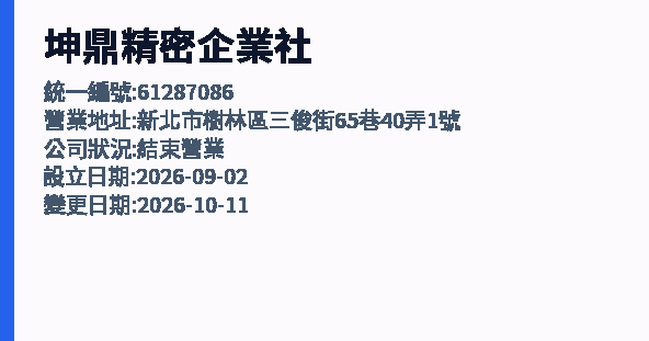 坤鼎精密企業社的照片-統編 61287086 公司登記資料與營業項目詳細圖表