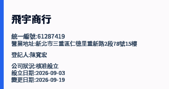 飛宇商行的照片-統編 61287419(新北市) 公司登記資料與營業項目詳細圖表
