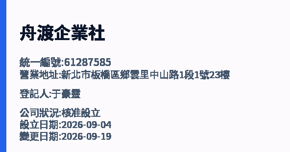 舟渡企業社的照片-統編 61287585(新北市) 公司登記資料與營業項目詳細圖表