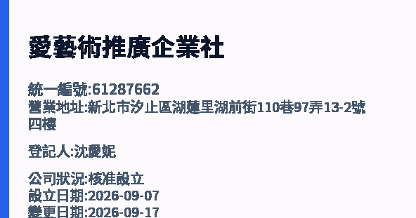 愛藝術推廣企業社的照片-統編 61287662(新北市) 公司登記資料與營業項目詳細圖表