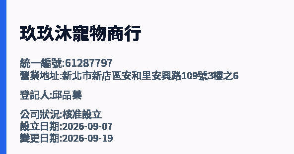 玖玖沐寵物商行的照片-統編 61287797(新北市) 公司登記資料與營業項目詳細圖表