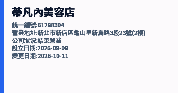 蒂凡內美容店的照片-統編 61288304(新北市) 公司登記資料與營業項目詳細圖表