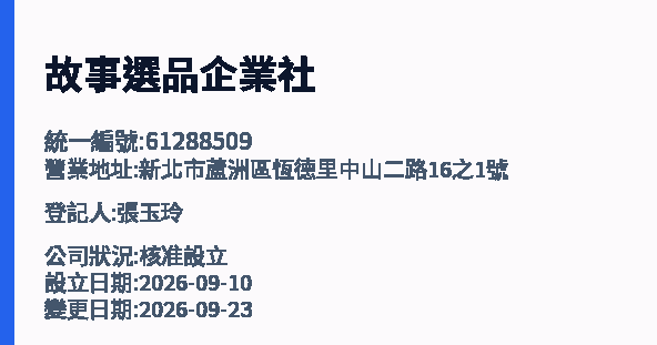 故事選品企業社的照片-統編 61288509(新北市) 公司登記資料與營業項目詳細圖表
