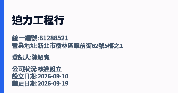 迫力工程行的照片-統編 61288521(新北市) 公司登記資料與營業項目詳細圖表