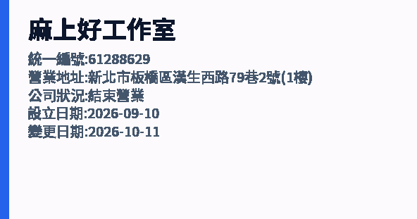 麻上好工作室的照片-統編 61288629(新北市) 公司登記資料與營業項目詳細圖表