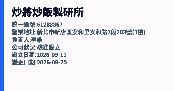 炒將炒飯製研所的照片-統編 61288867(新北市) 公司登記資料與營業項目詳細圖表