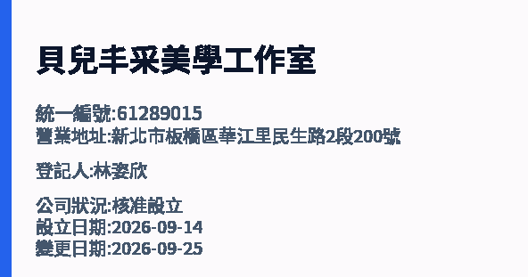 貝兒丰采美學工作室的照片-統編 61289015(新北市) 公司登記資料與營業項目詳細圖表