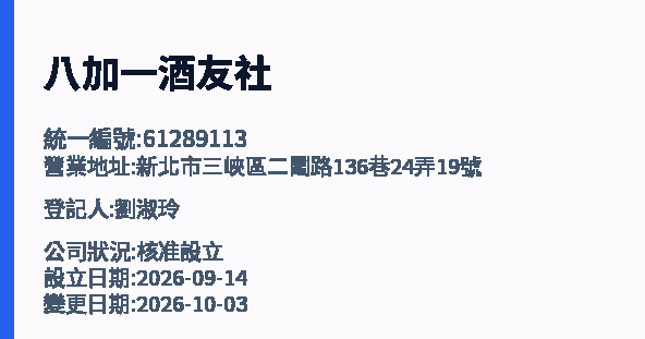 八加一酒友社的照片-統編 61289113(新北市) 公司登記資料與營業項目詳細圖表