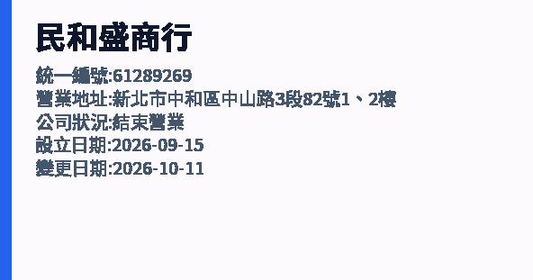 民和盛商行的照片-統編 61289269(新北市) 公司登記資料與營業項目詳細圖表