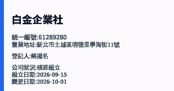 白金企業社的照片-統編 61289280(新北市) 公司登記資料與營業項目詳細圖表