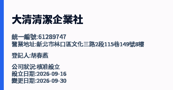 大清清潔企業社的照片-統編 61289747(新北市) 公司登記資料與營業項目詳細圖表