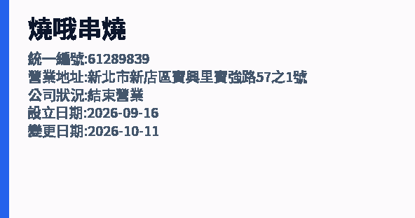 燒哦串燒的照片-統編 61289839(新北市) 公司登記資料與營業項目詳細圖表