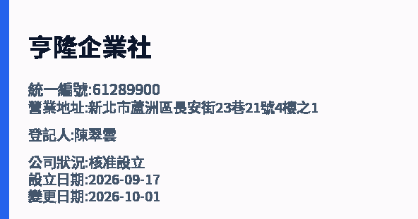 亨隆企業社的照片-統編 61289900(新北市) 公司登記資料與營業項目詳細圖表