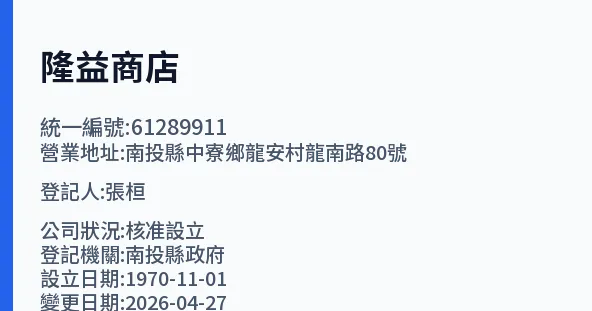 隆益商店的照片-統編 61289911(南投縣) 公司登記資料與營業項目詳細圖表