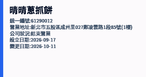 晴晴蔥抓餅的照片-統編 61290012(新北市) 公司登記資料與營業項目詳細圖表