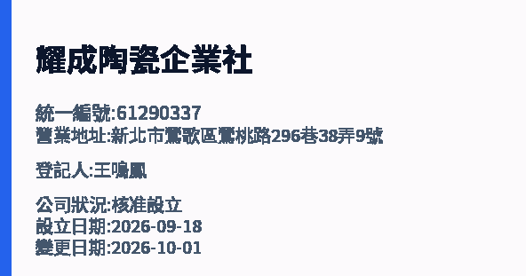 耀成陶瓷企業社的照片-統編 61290337(新北市) 公司登記資料與營業項目詳細圖表
