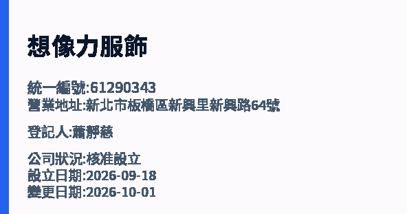 想像力服飾的照片-統編 61290343(新北市) 公司登記資料與營業項目詳細圖表