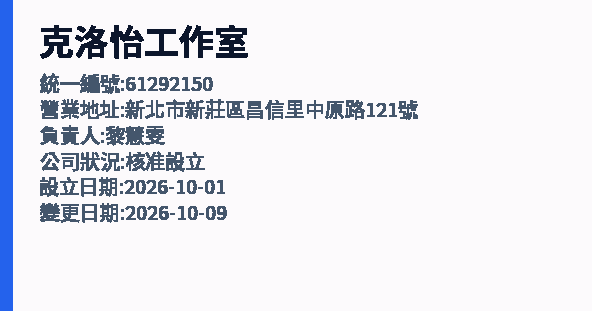 克洛怡工作室的照片-統編 61292150(新北市) 公司登記資料與營業項目詳細圖表