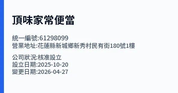 頂味家常便當的照片-統編 61298099(花蓮縣) 公司登記資料與營業項目詳細圖表