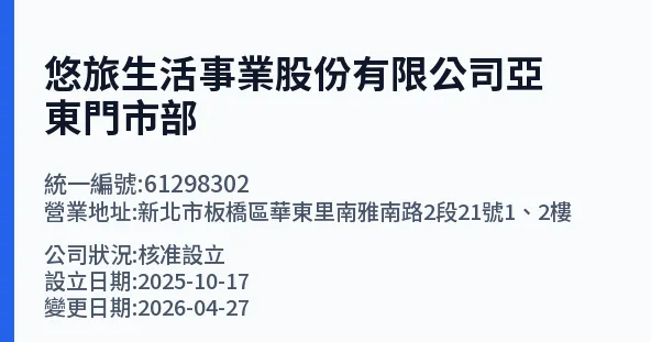 悠旅生活事業股份有限公司亞東門市部的照片-統編 61298302(新北市) 公司登記資料與營業項目詳細圖表
