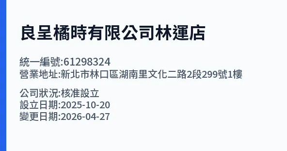 良呈橘時有限公司林運店的照片-統編 61298324(新北市) 公司登記資料與營業項目詳細圖表