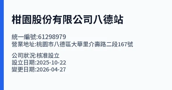 柑園股份有限公司八德站的照片-統編 61298979(桃園市) 公司登記資料與營業項目詳細圖表