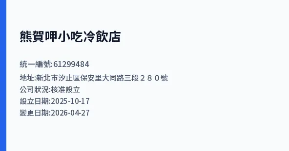 熊賀呷小吃冷飲店的照片-統編 61299484(新北市) 公司登記資料與營業項目詳細圖表