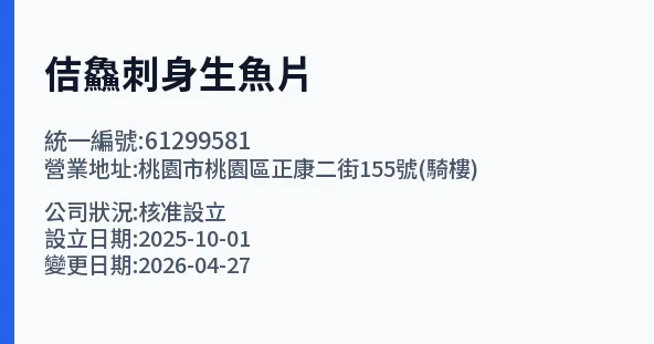 佶鱻刺身生魚片的照片-統編 61299581(桃園市) 公司登記資料與營業項目詳細圖表