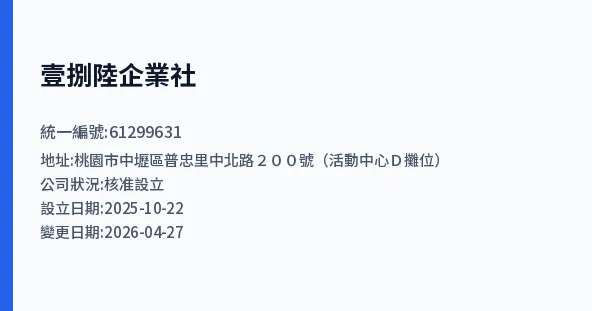 壹捌陸企業社的照片-統編 61299631(桃園市) 公司登記資料與營業項目詳細圖表