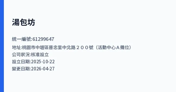 湯包坊的照片-統編 61299647(桃園市) 公司登記資料與營業項目詳細圖表