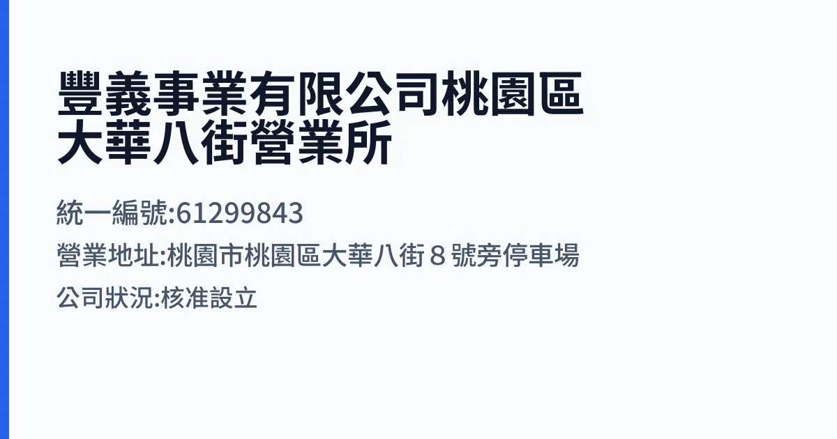 豐義事業有限公司桃園區大華八街營業所 - 統編 61299843(桃園市) 公司登記資料與營業項目詳細圖表