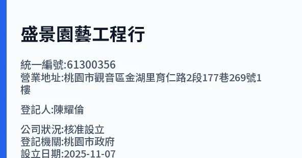盛景園藝工程行的照片-統編 61300356(桃園市) 公司登記資料與營業項目詳細圖表